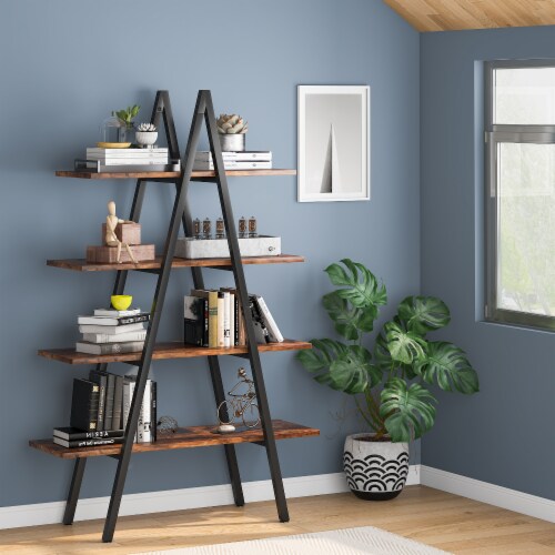 Tribesigns Industrial 4 Tier A Shaped Bookshelf Open Display Storage Organizer Rustic Brown 13.8 D x 35.8 W x 65 H Gerbes Super Markets