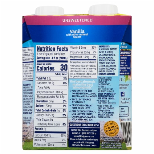 Almond Breeze® Unsweetened Vanilla Almond Milk, 4 ct / 8 fl oz - Kroger Almond Breeze® Unsweetened Vanilla Almond Milk, 4 ct / 8 fl oz - Kroger