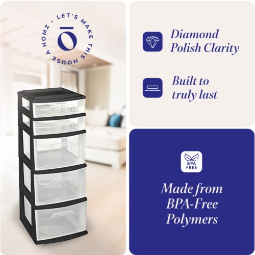 Homz Plastic 5 Drawer Medium Home Storage Container Tower Black Frame