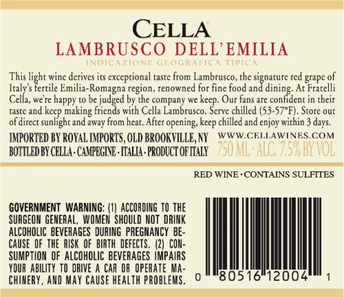 Cella Red Lambrusco Soft Red Wine 750 Ml Harris Teeter