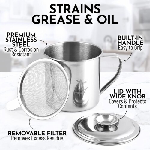 Zulay Kitchen Bacon Grease Container With Strainer And Lid - Silver, 1 ... Zulay Kitchen Bacon Grease Container With Strainer And Lid - Silver, 1 ...