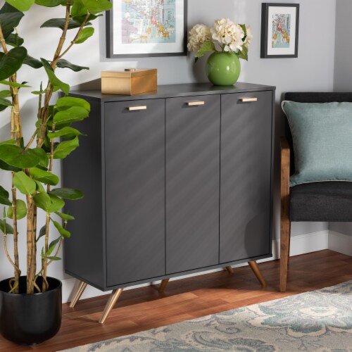 Baxton Studio Kelson Modern Dark Grey and Gold Finished Wood 3 Door Shoe Cabinet One Size Foods Co