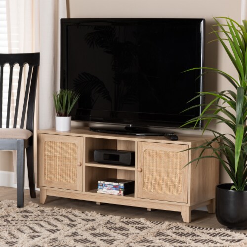 Baxton Studio Elsbeth Light Brown Finished Wood and Natural Rattan 2 Door TV Stand One Size Ralphs