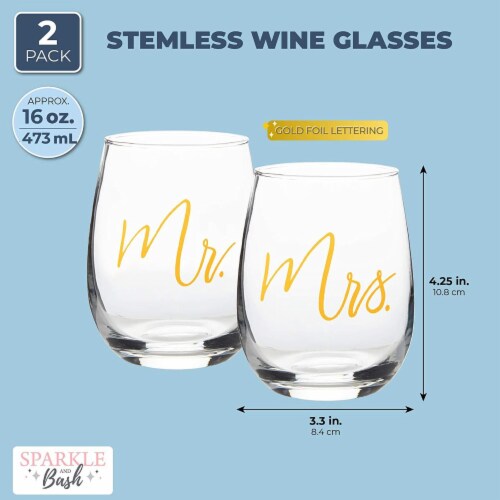 Mr And Mrs Stemless Wine Glasses Approximate 16 Ounce Capacity Set