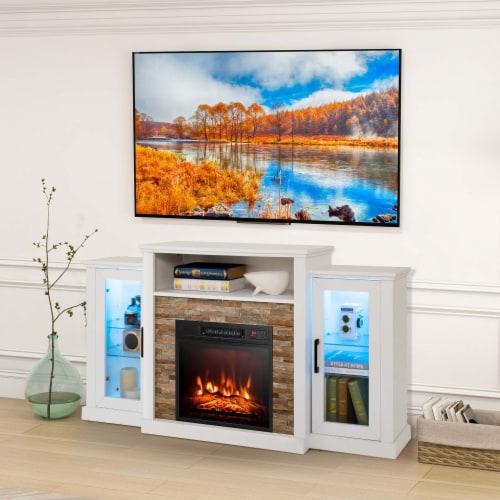 White tv stand with fireplace and led lights store