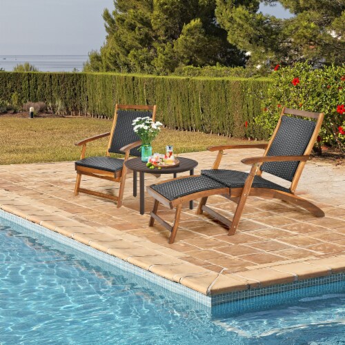 Slickblue Patio Rattan Folding Lounge Chair with Acacia Wooden Frame Retractable Footrest 2 Unit Fred Meyer