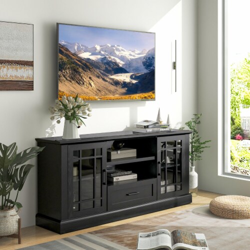 Black tv stand with glass doors store