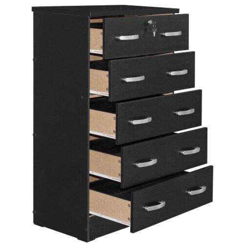 Better Home Products Cindy 5 Drawer Chest Wooden Dresser with Lock in Black 1 Foods Co