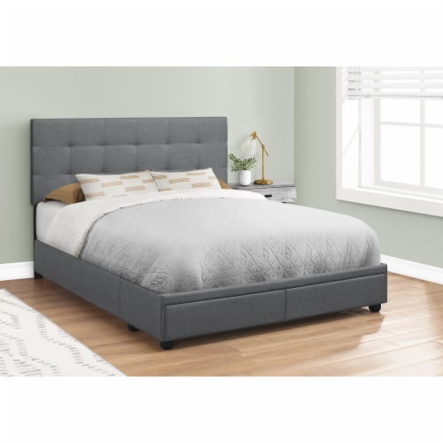 Platform Bedroom Frame Upholstered Linen Look Wood Legs Grey