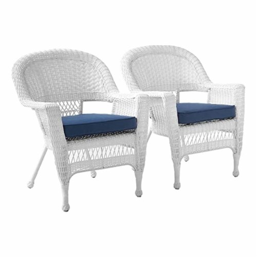 Jeco Wicker Wicker Rattan Chair in White with Blue Cushion Set of 2 1 Kroger