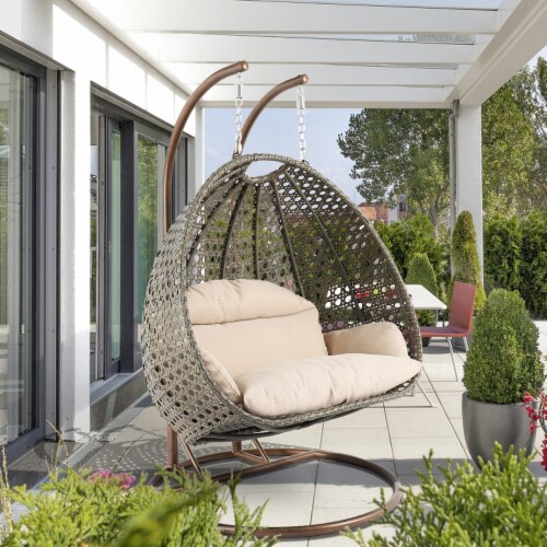 LeisureMod Modern Beige Wicker Hanging Double Seater Egg Swing Chair 78 H x 57 W x 27 D Fry s Food Stores