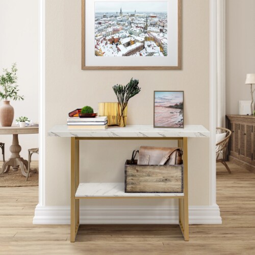 Slickblue 48 Inch 2 Tier Console Table with Gold Finished Frame White 1 Unit Gerbes Super Markets