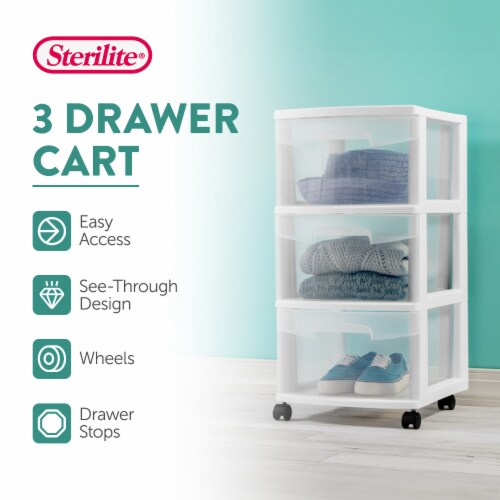 Sterilite 3 Drawer Storage Cart Plastic Rolling Organizer With Wheels