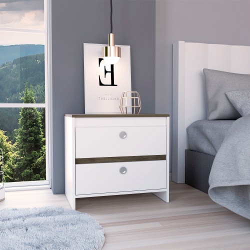 DEPOT E SHOP Nightstand 22 H Two Drawers Superior Top Metal Handle White Dark Brown 1 Box King Soopers