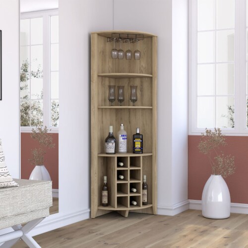 Giza Corner Bar Cabinet Three Shelves Eight Wine Cubbies Two Side Shelves Macadamia 1 unit Gerbes Super Markets