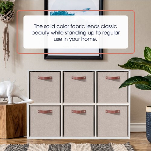 6 Pack Foldable Linen Storage Cube Bin with Leather Handles 13 Inch 13 L x 13 W x 13 H Pick n Save