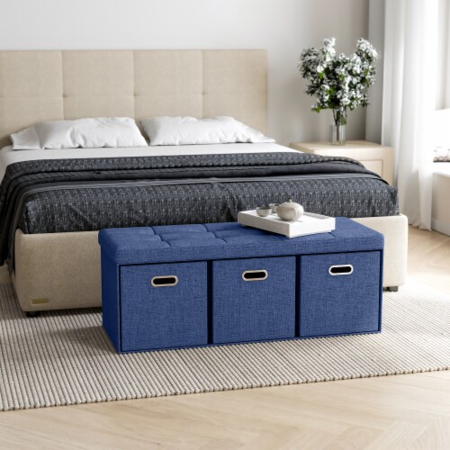 Foldable Tufted Linen Long Bench Storage Ottoman with 3 Drawers 40 L x 15 W x 15 H Gerbes Super Markets