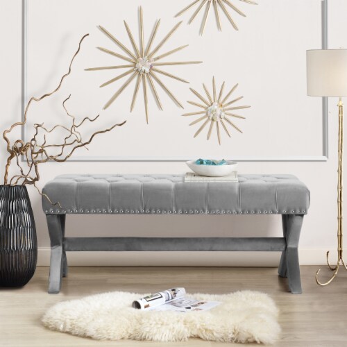 Inspired Home Louis Velvet Button Tufted Silver Nailhead Trim X Leg