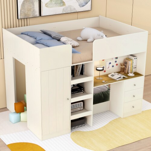 Simplie Fun Wood Full Size Loft Bed with Built in Wardrobe Desk Storage Shelves and Drawers 1 count Fred Meyer