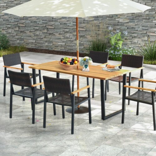 Hivvago 6 Person Acacia Wood Outdoor Dining Table with 2 Inch Umbrella Hole 1 Unit King Soopers