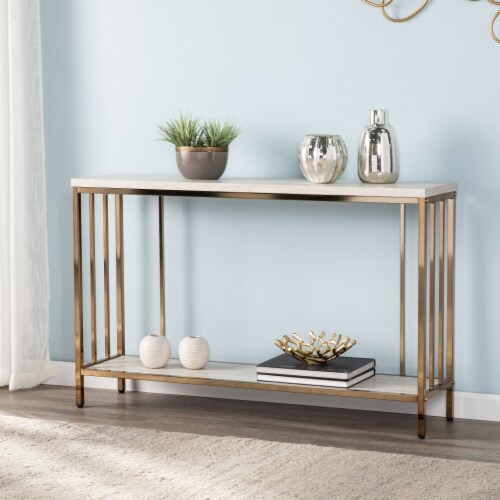 Hivvago 48 inch Champagne and Gold Faux Stone Floor Shelf Console Table With Storage 48 Inch Fry s Food Stores