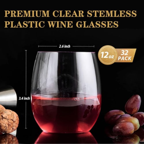 32 Pack Plastic Wine Glasses Stemless 12 Oz Crystal Clear Disposable