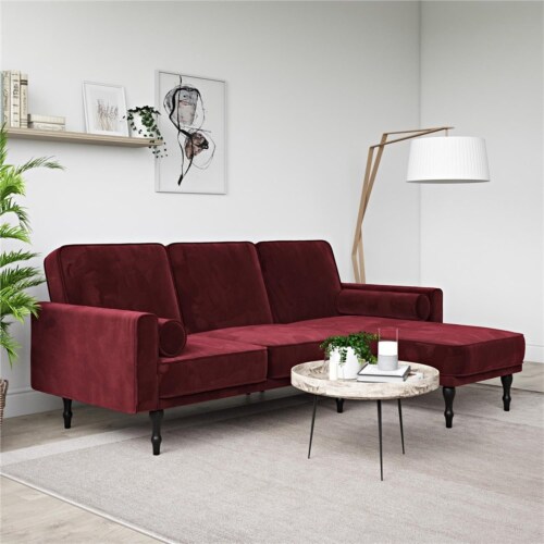DHP Elinda Small Space Sectional Futon in Burgundy Velvet 1 Kroger