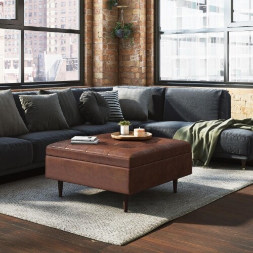 Simpli Home Shay Mid Century Square Coffee Table Storage Ottoman Distressed Brown Faux Leathe Large King Soopers