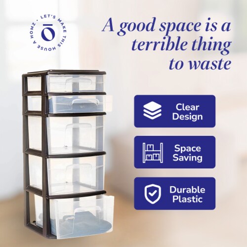 Homz Plastic 5 Drawer Storage Container Tower Closet Organizer Black