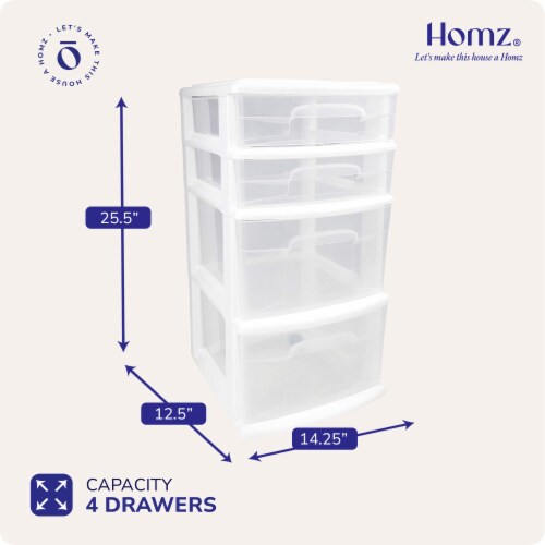 Homz Clear Plastic 4 Drawer Medium Storage Container Tower White Frame