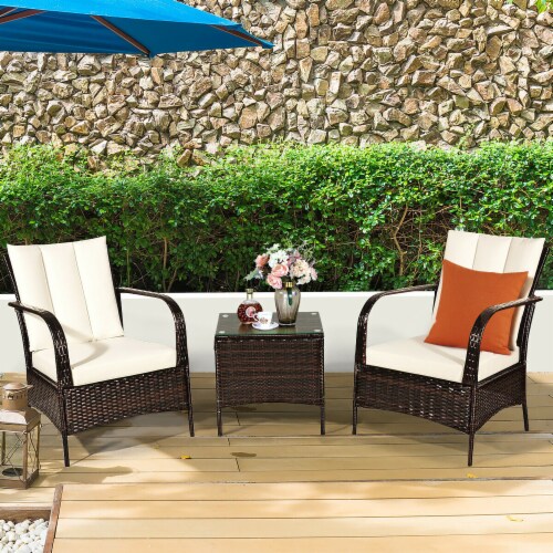 Costway 3 PCS Patio Wicker Rattan Furniture Set Coffee Table 2 Rattan Chair W Cushions Whit 3 PCS Pick n Save