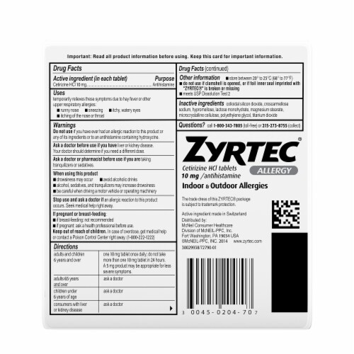 Zyrtec 24 Hour Allergy Relief Tablets Cetirizine Hcl 70 Ct Fred Meyer