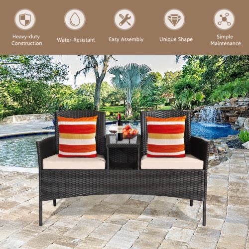 Gymax Cushioned Rattan Wicker Patio Conversation Set W Loveseat Table