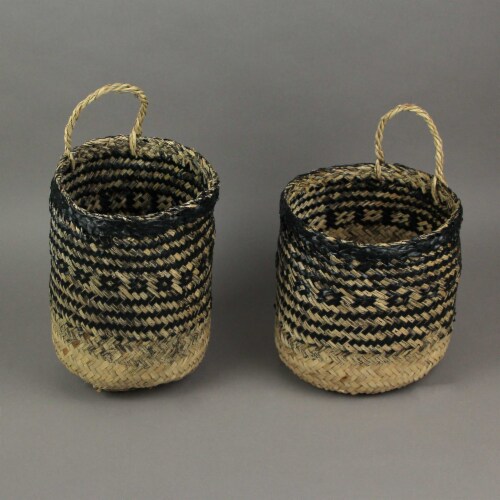Zeckos Set Of 2 Geometric Pattern Hand Woven Seagrass Round Baskets Bohemian Decor One Size