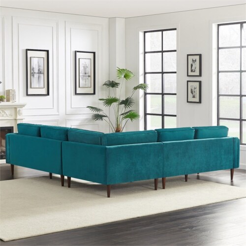 Hudson Mid Century Modern L Shaped Pillow Back Velvet Corner Sofa in Teal 1 Fred Meyer