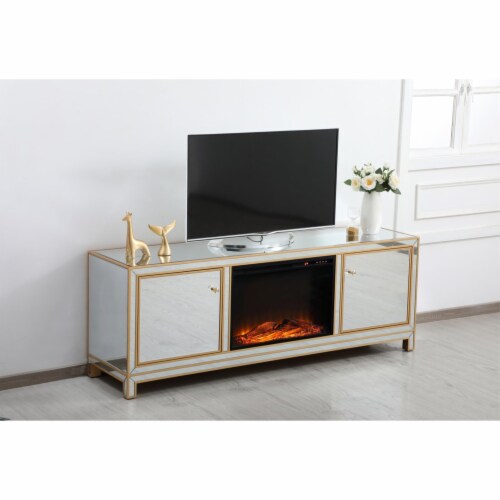 Reflexion 72 in. mirrored tv stand with wood fireplace in gold 1 Fred Meyer