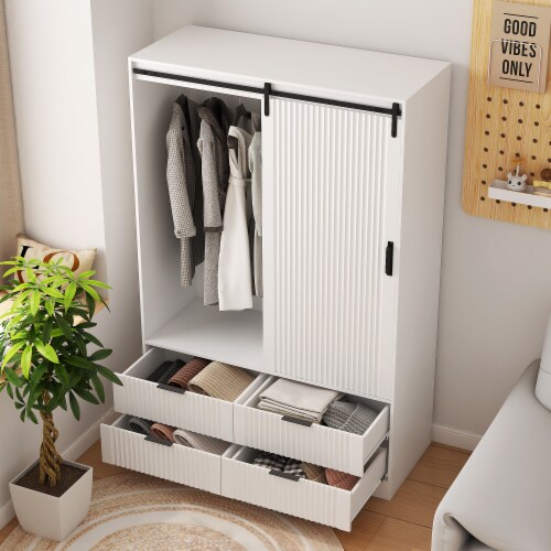 Simplie Fun Modern 4 Drawer 4 Shelf Sliding Barn Door Wardrobe Armoire 1 count Pick n Save