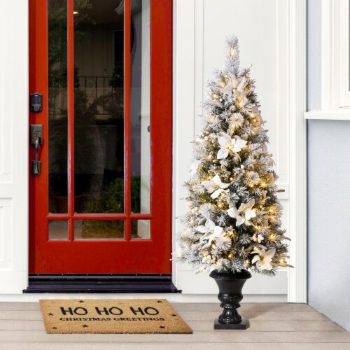 Glitzhome 5 Feet Flocked Poinsettia Pine Faux Christmas Porch Tree with 150 Warm White Lights Set of One City Market