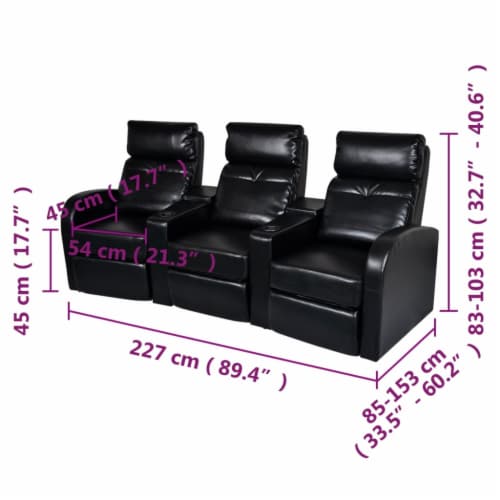 vidaXL 3 Seater Home Theater Recliner Sofa Black Faux Leather 1 set 89.4 x33.5 x40.6 Foods Co