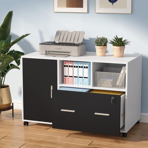 Tribesigns Mobile Filing Cabinet With Lock Rolling Printer Stand Storage Shelves Black Whi 1 unit Gerbes Super Markets