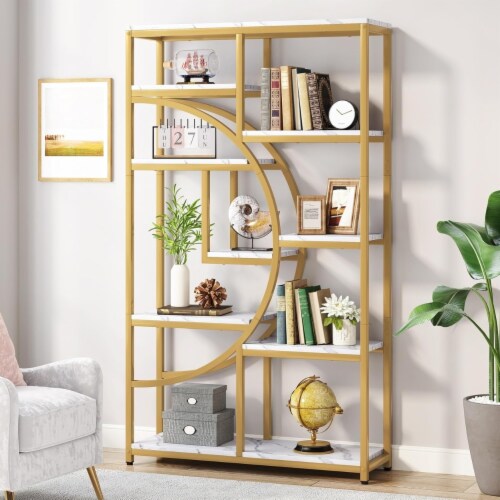 Industrial 5 Tier Etagere Bookcase Freestanding Tall Bookshelf 9 Open Shelves White Marbling 1 unit Gerbes Super Markets