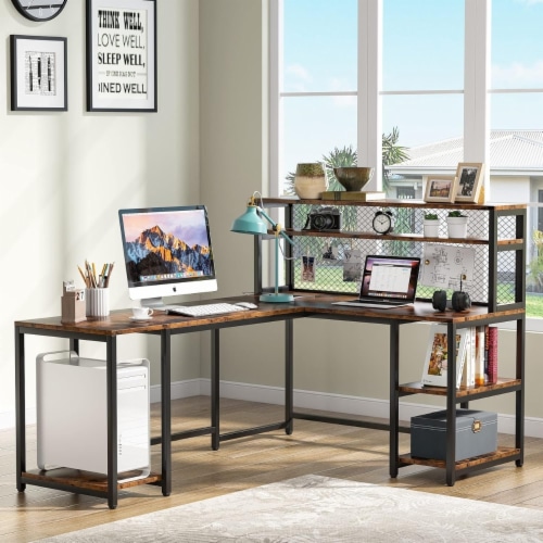 67 Large Computer Desk With Hutch Rustic Industrial Wood Black Metal Home Office 1 unit Foods Co
