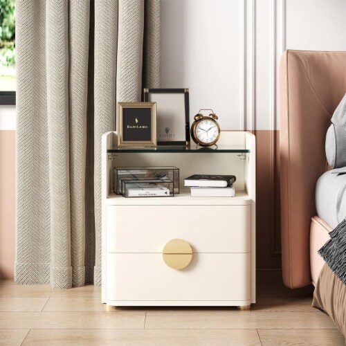 Tribesigns Modern Nightstand Beige 2 Drawer Wood Bedside Table With Glass Top 1 unit Kroger