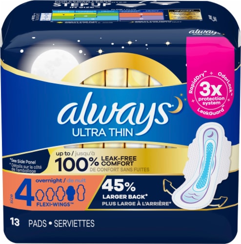 Always® Ultra Thin Size 4 Overnight Pads with Flexi-Wings, 13 ct - QFC Always® Ultra Thin Size 4 Overnight Pads with Flexi-Wings, 13 ct - QFC