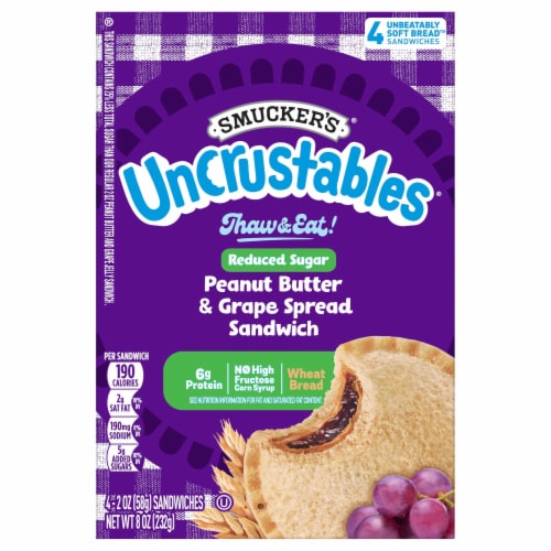 Smucker's Uncrustables Reduced Sugar Peanut Butter & Grape Spread, 4 ct ... Smucker's Uncrustables Reduced Sugar Peanut Butter & Grape Spread, 4 ct ...