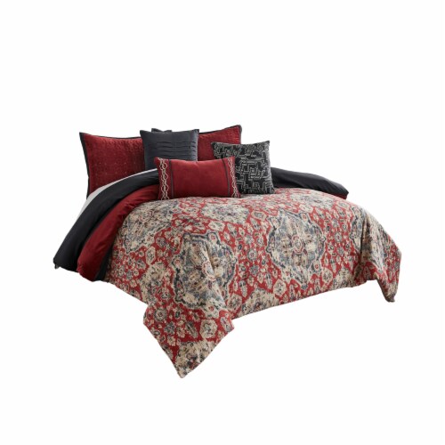 9 Piece Queen Size Comforter Set With Medallion Print Red And Blue