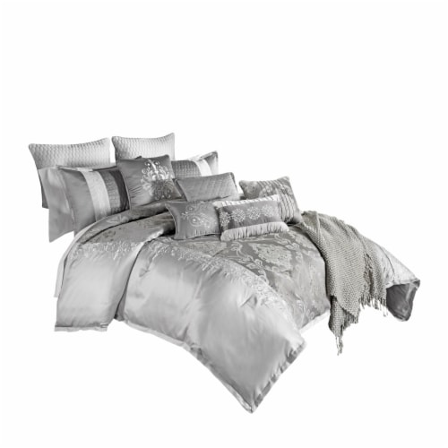12 Piece Queen Polyester Comforter Set With Medallion Print Platinum