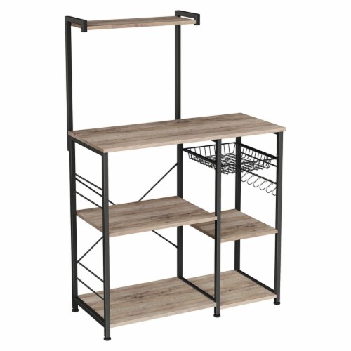 52 Inch Wood Bakers Rack Kitchen Shelf 6 Hooks Workstation Brown Black Saltoro Sherpi 1 unit Pay Less Super Markets