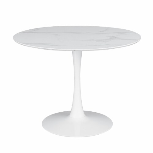 Loxi 40 Inch Round Dining Table White Faux Marble Top Tulip Accent Body Saltoro Sherpi 40x40x29.75 City Market