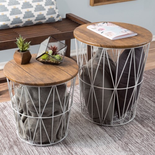 Lavish Home Nesting End Tables Set Metal Basket Wooden Top 20 15 Inch Multi Use Storage 1 unit Foods Co
